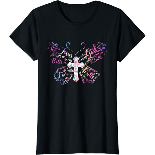 Butterfly Prayer Jesus Christian Cross Floral Pattern T Shirt