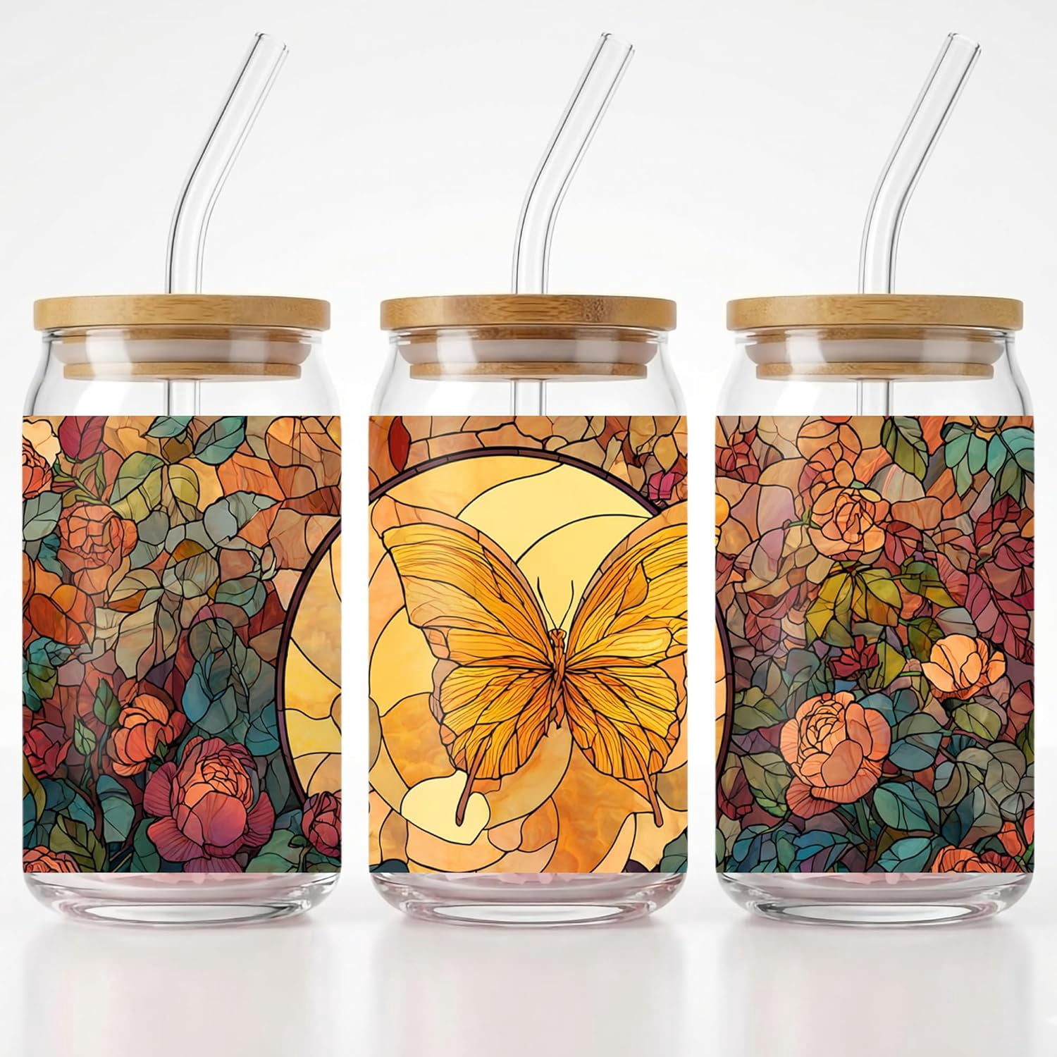 Butterfly Preppy Glass Can Cup With Stained, Aesthetic Clear Glass ...