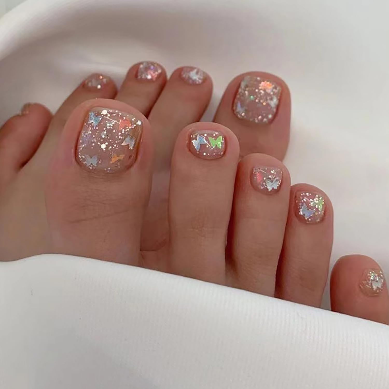 Butterfly Press on Toenails Silver Glitter Fake Toe Nails Short Square ...