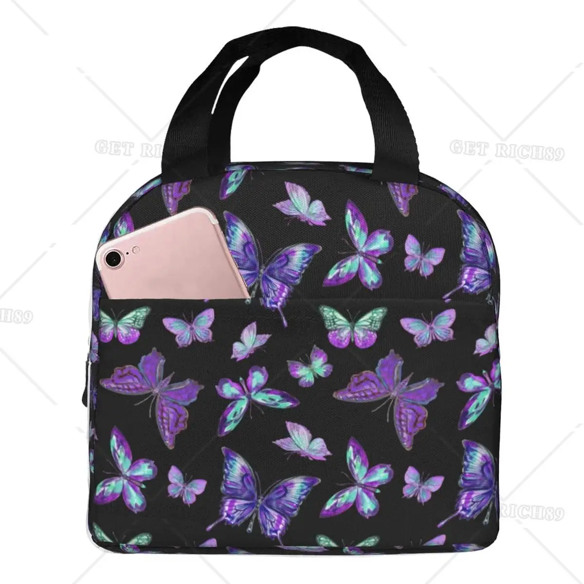 Butterfly Print Blue Purple Insulated Lunch Bag Box for Women Cute ...