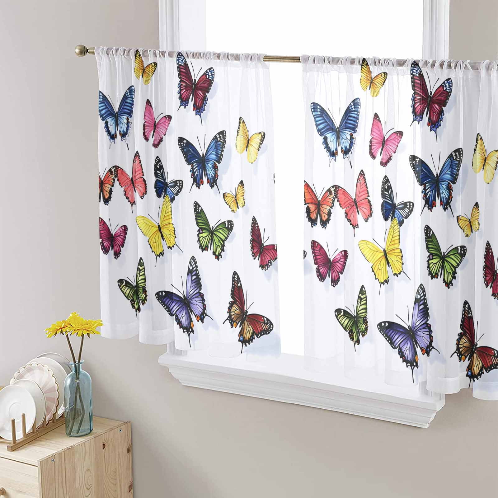 Butterfly Print Sheer Curtains 45 Inch Length 2 Panels Set for Living ...