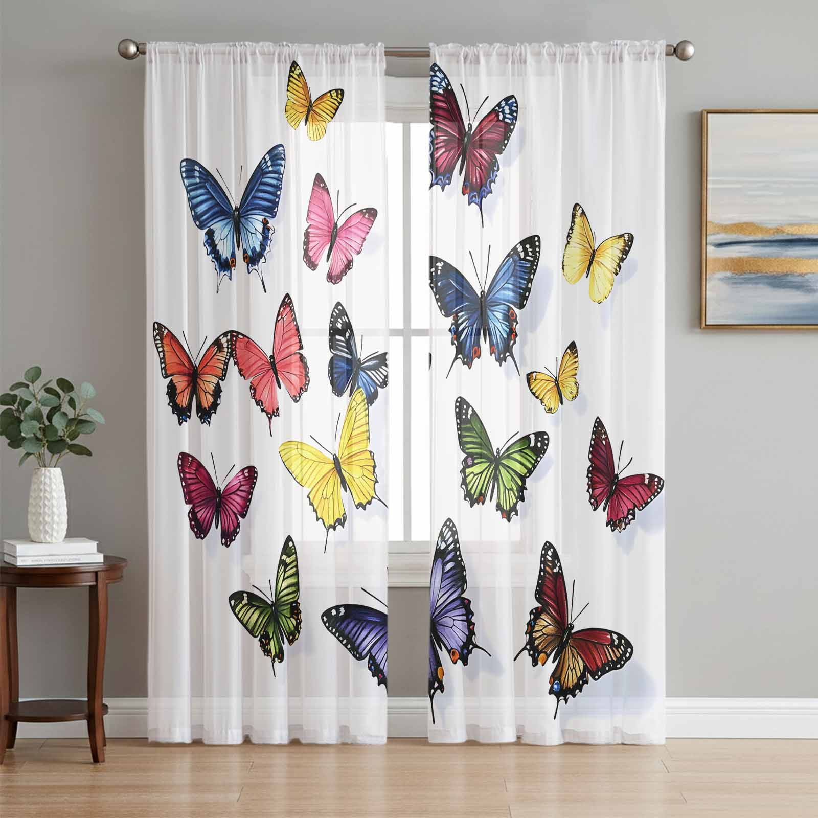 Butterfly Print Sheer Curtains 96 Inch Length 2 Panels Set, Modern ...