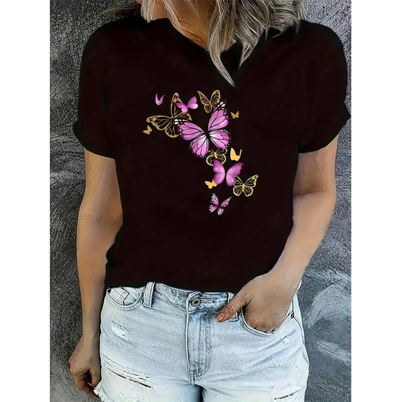 Butterfly Print Short Sleeve Crew Neck T-shirt, Casual Sports Short ...