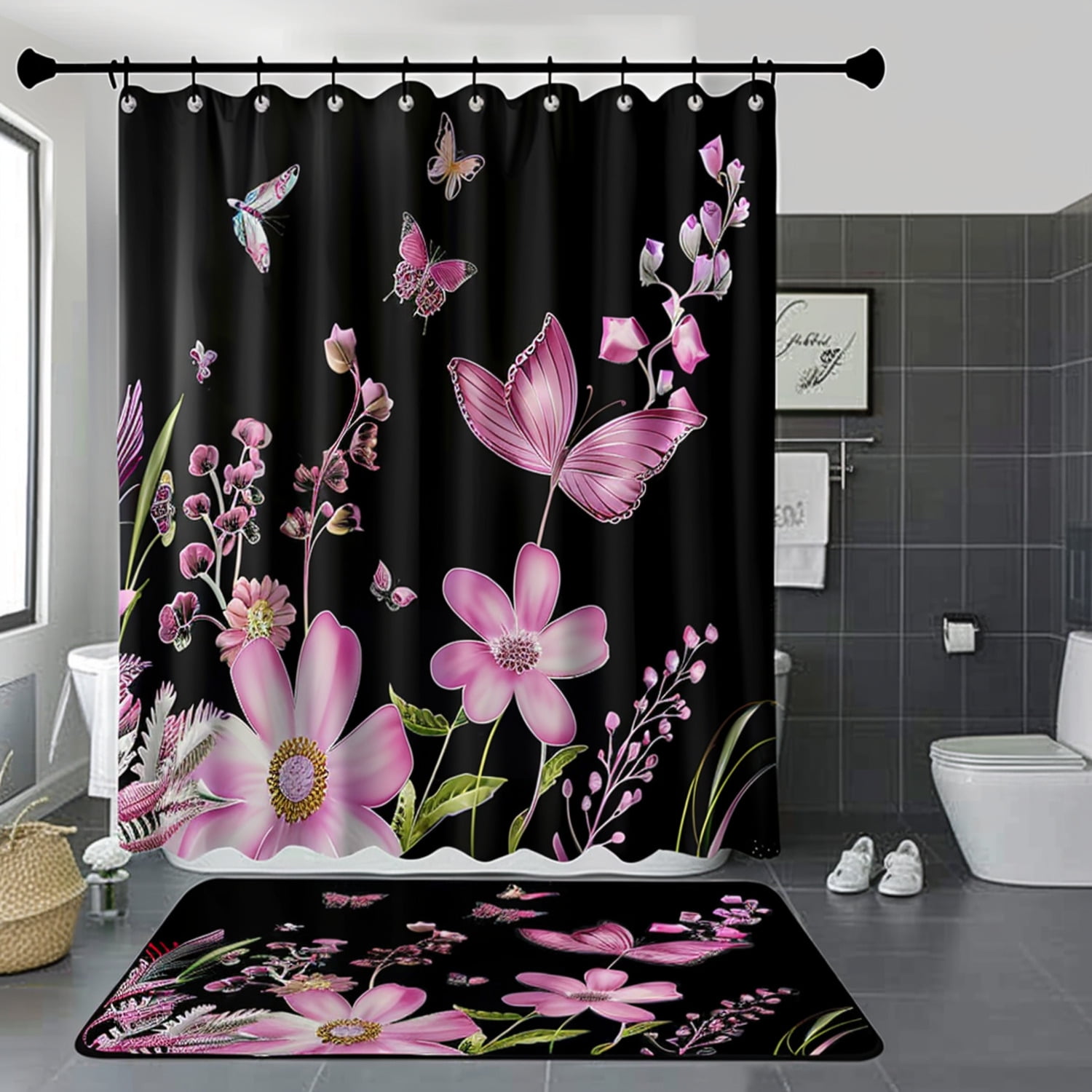 Butterfly Print Shower Curtain Set Ching Black Background Pink Flowers