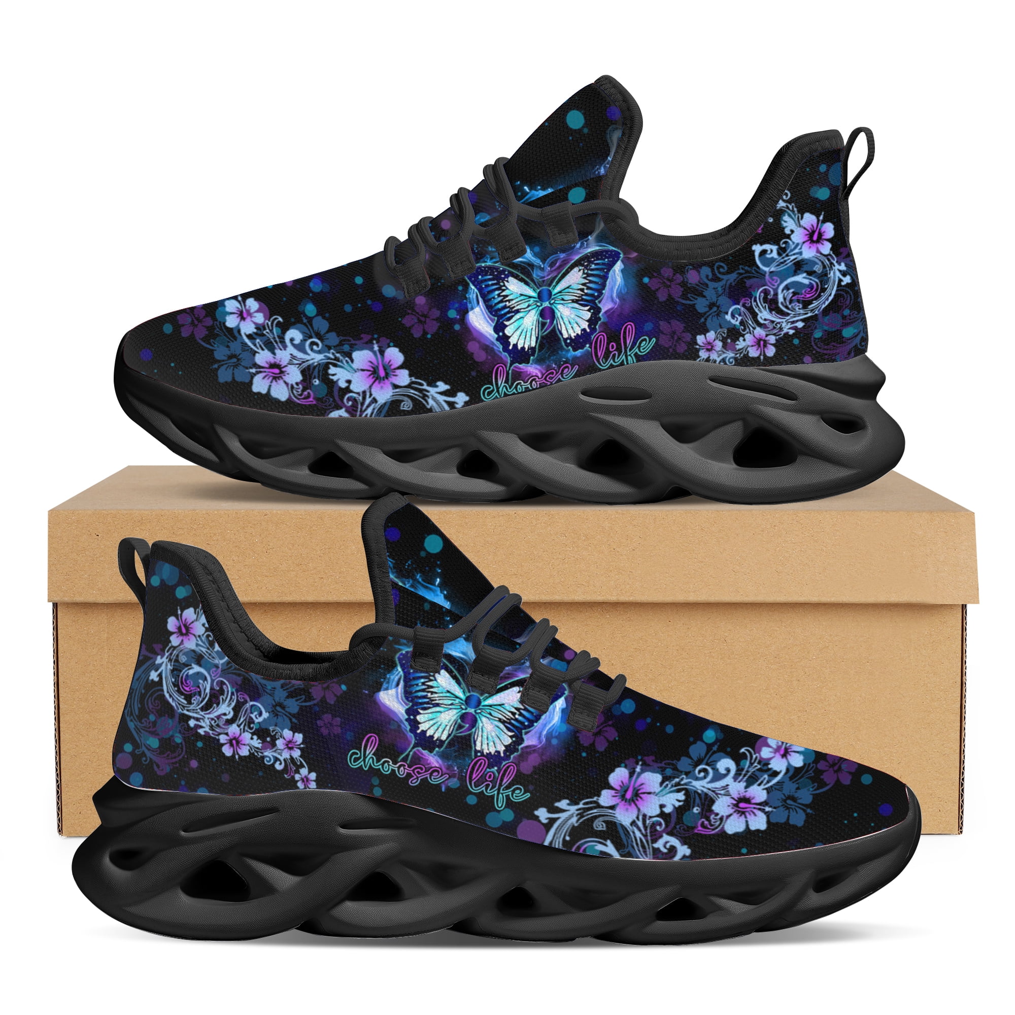 Butterfly Print Sneakers With Purple Flowers Mesh Breathable Outdoor ...