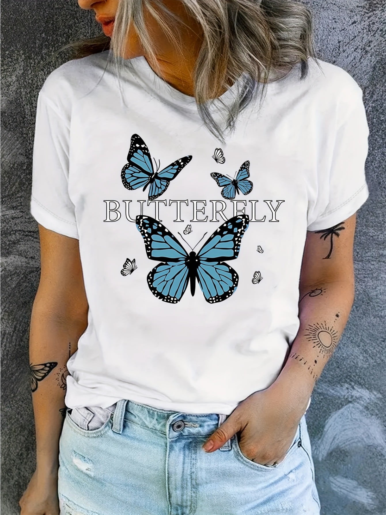 Butterfly Print T-shirt, Casual Crew Neck Short Sleeve Daily Top, Women ...