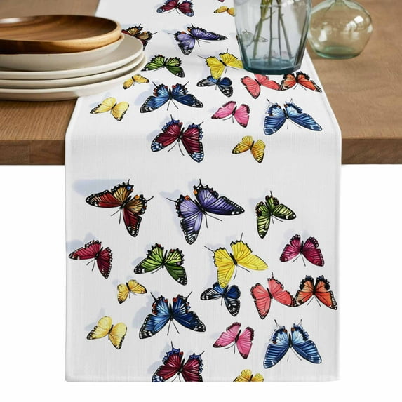 Butterfly Print Table Runner, Modern Colorful Animals Washable Cotton ...