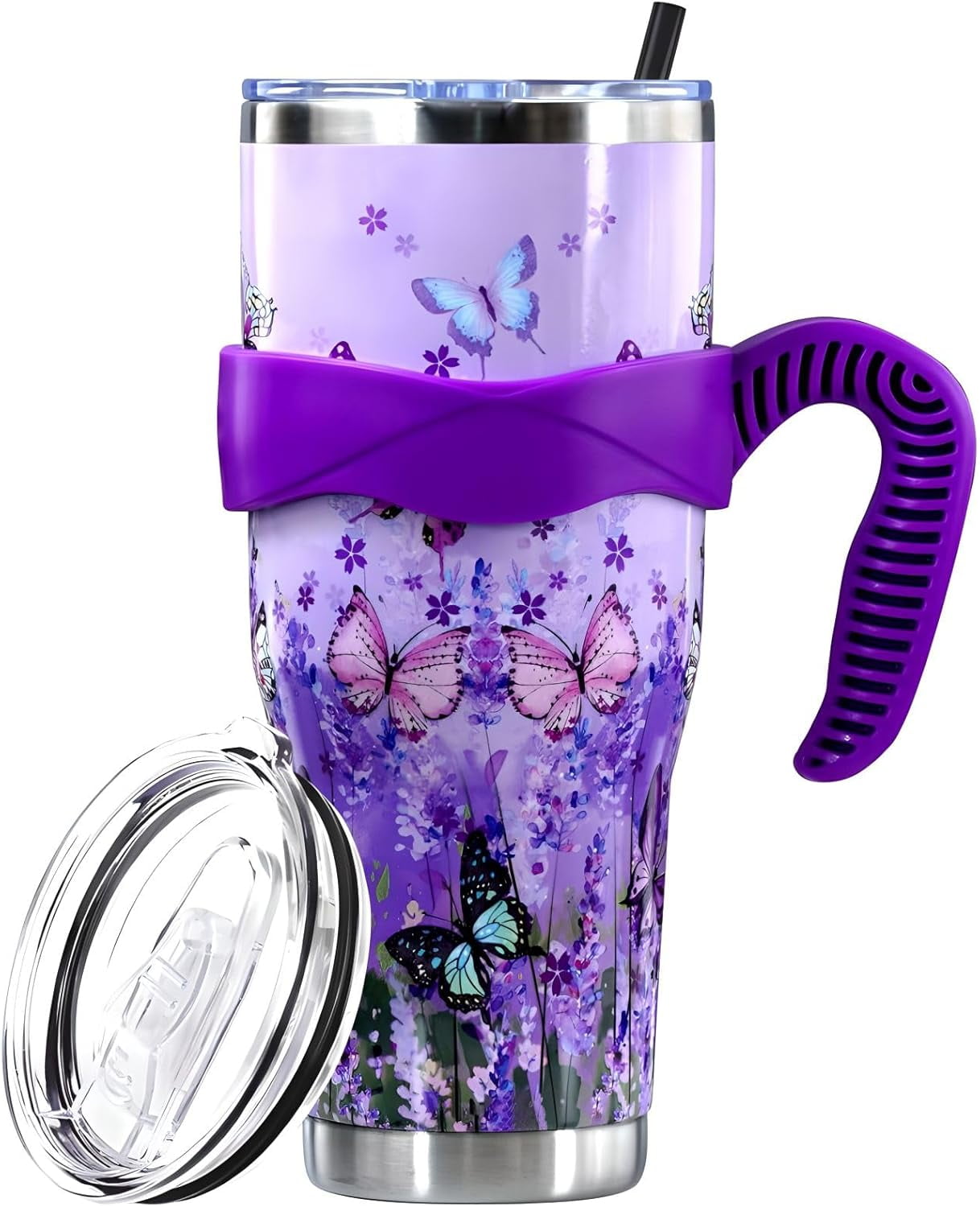 Butterfly Print Tumbler with Handle and Silicone Straws - 40 Oz ...