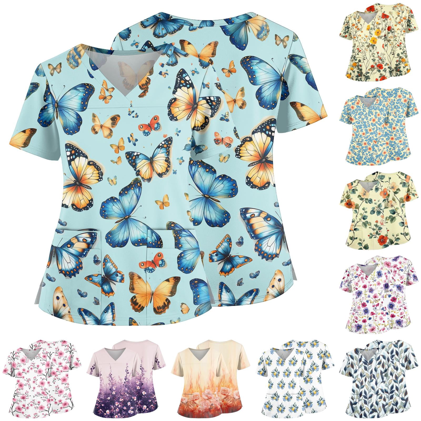 Butterfly Print V-Neck Scrub Top for Women, Short Sleeve Medical Tunic ...