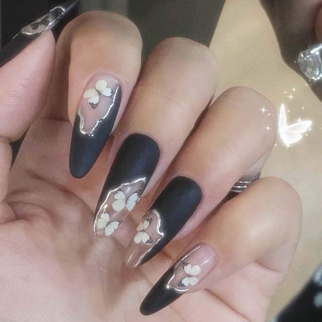 Butterfly Printed Black Fake Nails Long Coffin Press on Nails Cute ...