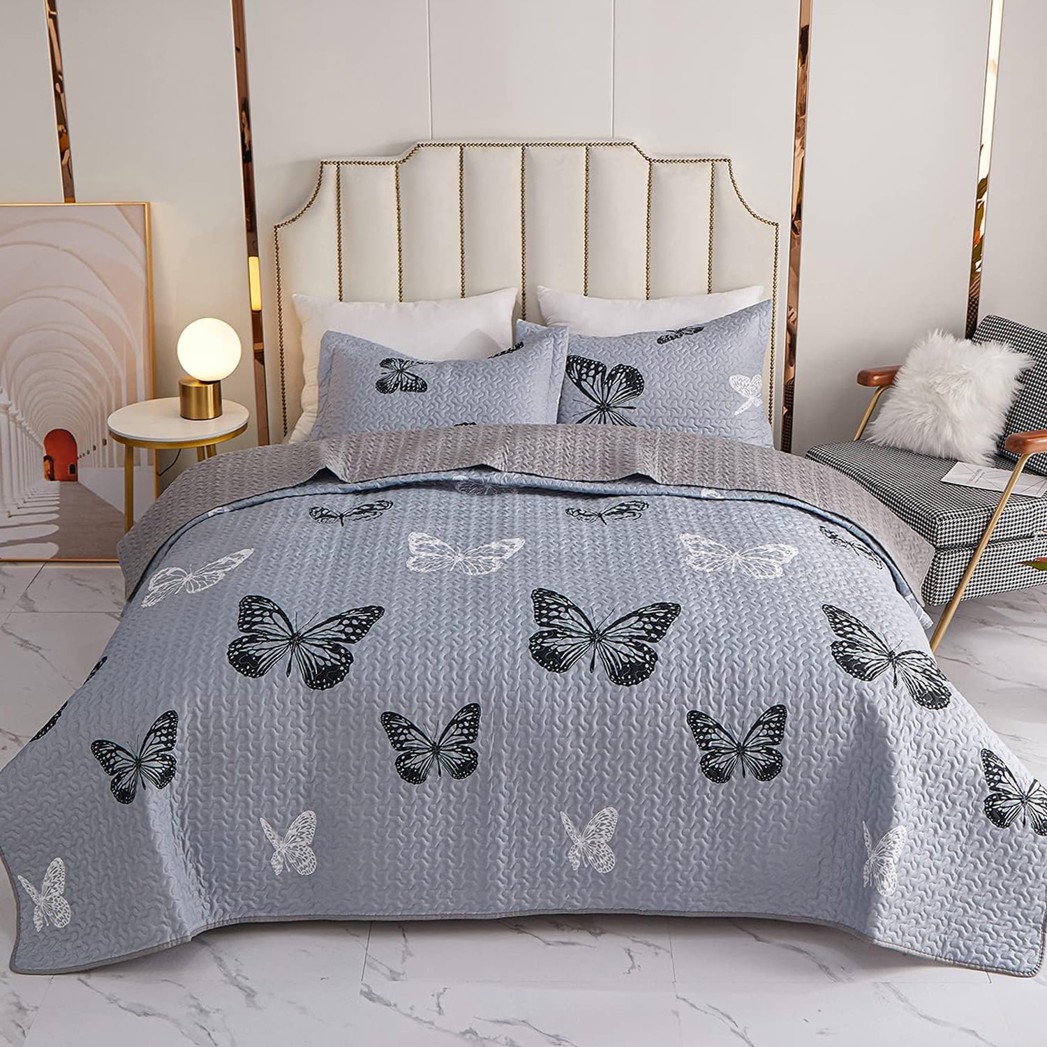 Butterfly Printed Quilt Set: Lightweight Soft Grey Butterfly Bedspread ...