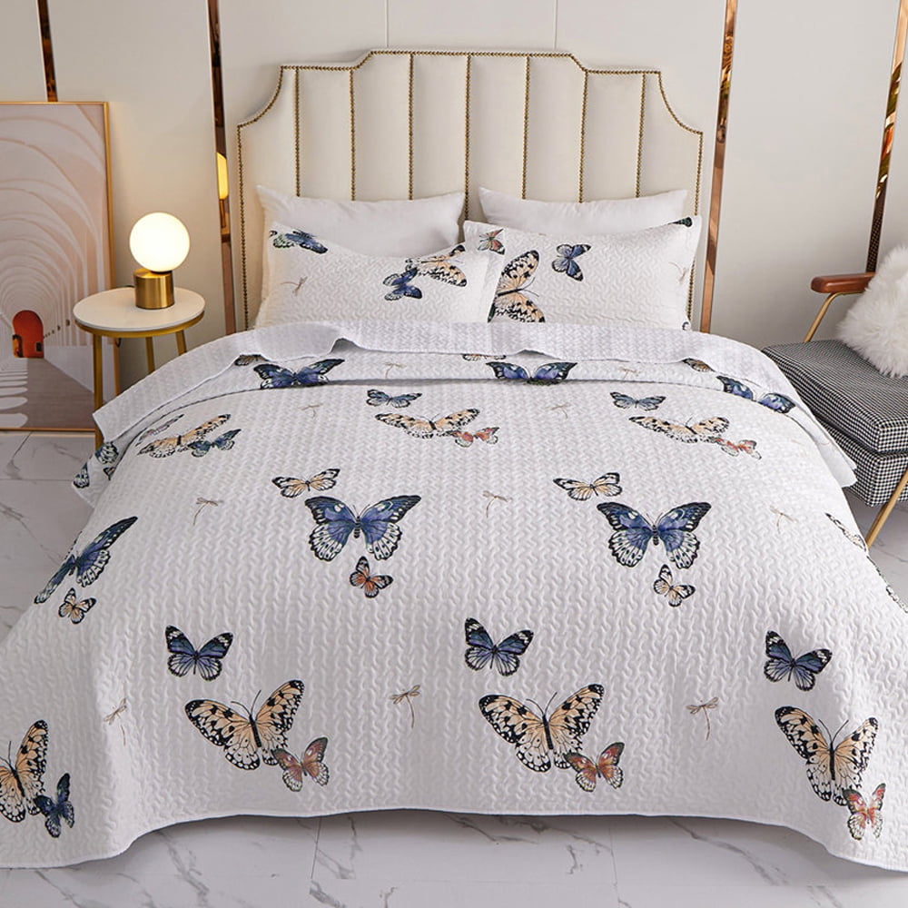 Butterfly Printed Quilt Set: Lightweight Soft White Butterfly Bedspread ...