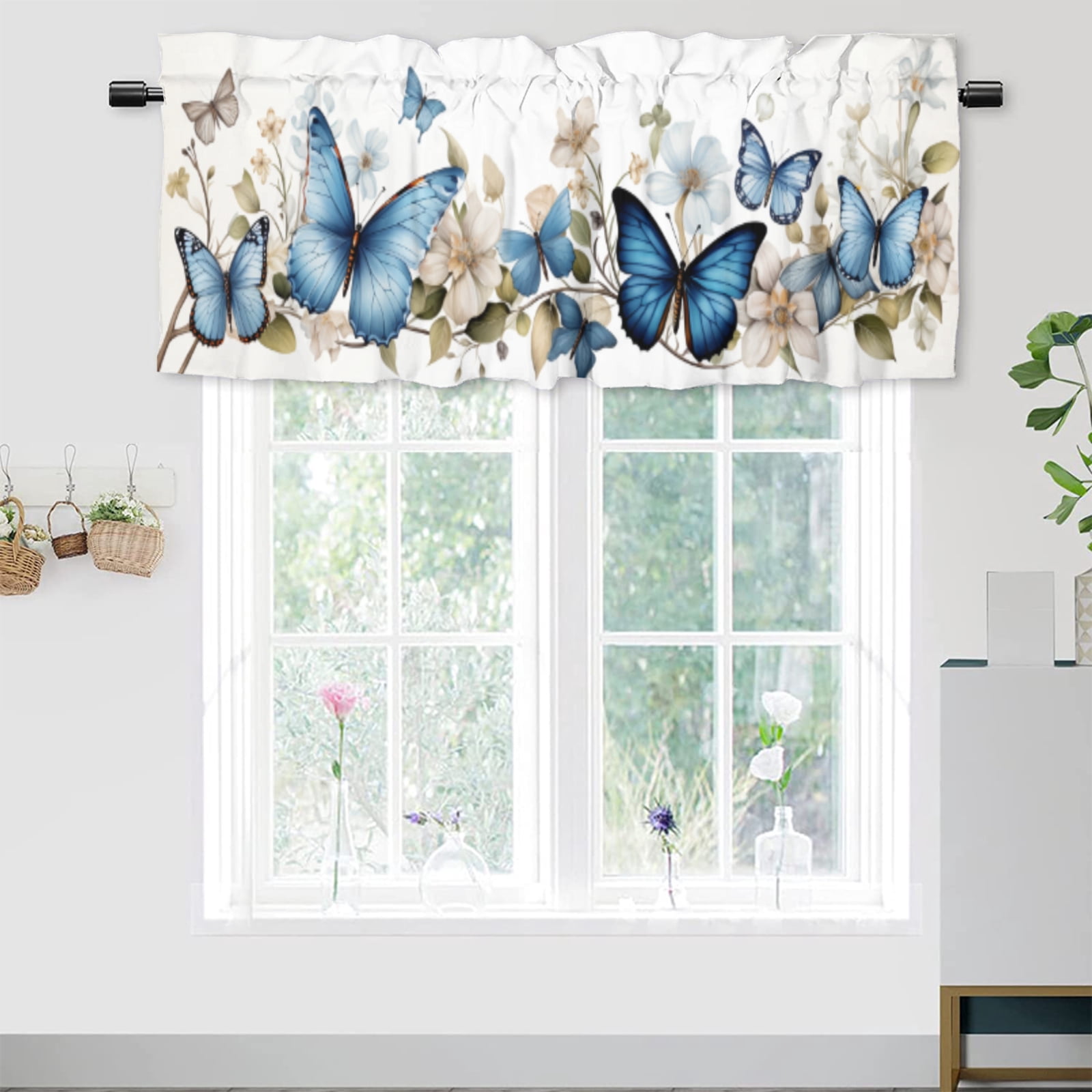 Butterfly Printed Window Curtains Valances Blue Butterflies Flower ...