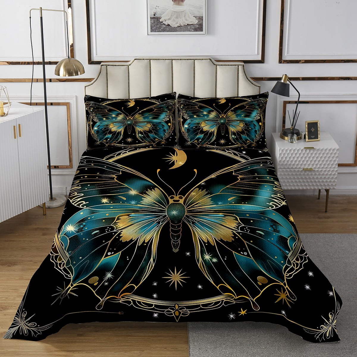 Butterfly Quilt Set King Size Teal Gradient Bedspread Boho Exotic Style ...