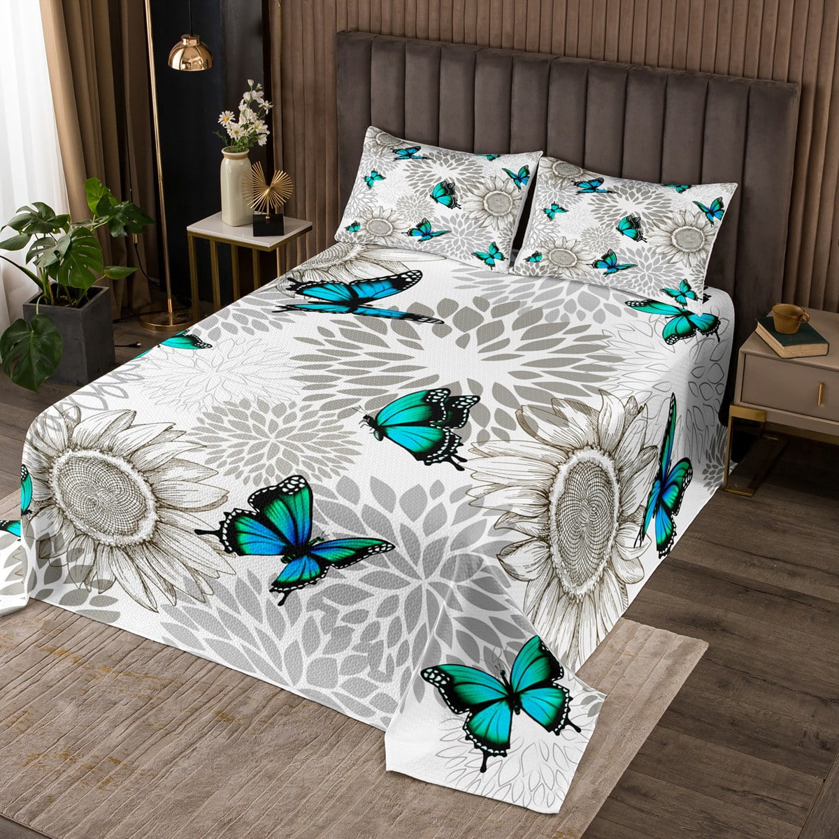Butterfly Quilt Set Queen, Sunflower Bedspread Set For Women Girls ...