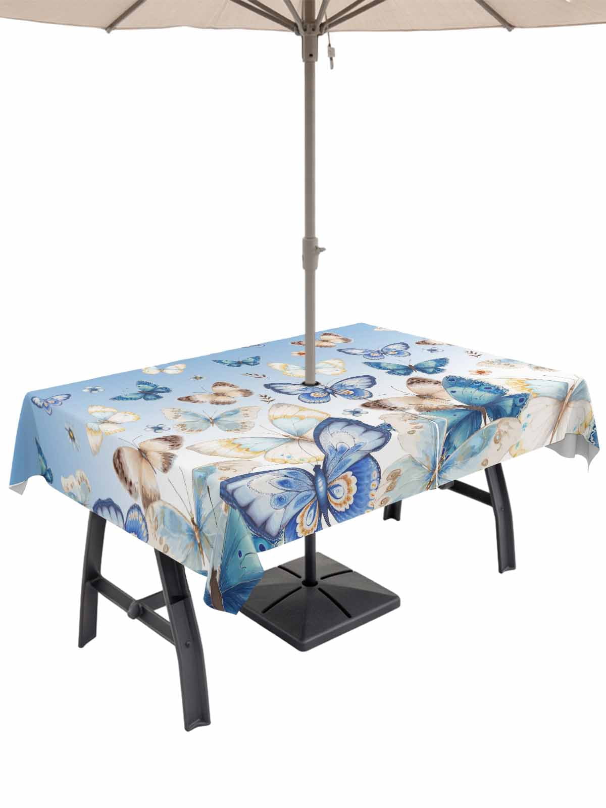 Butterfly Rectangle Outdoor Tablecloth with Umbrella Hole Abstract Blue ...