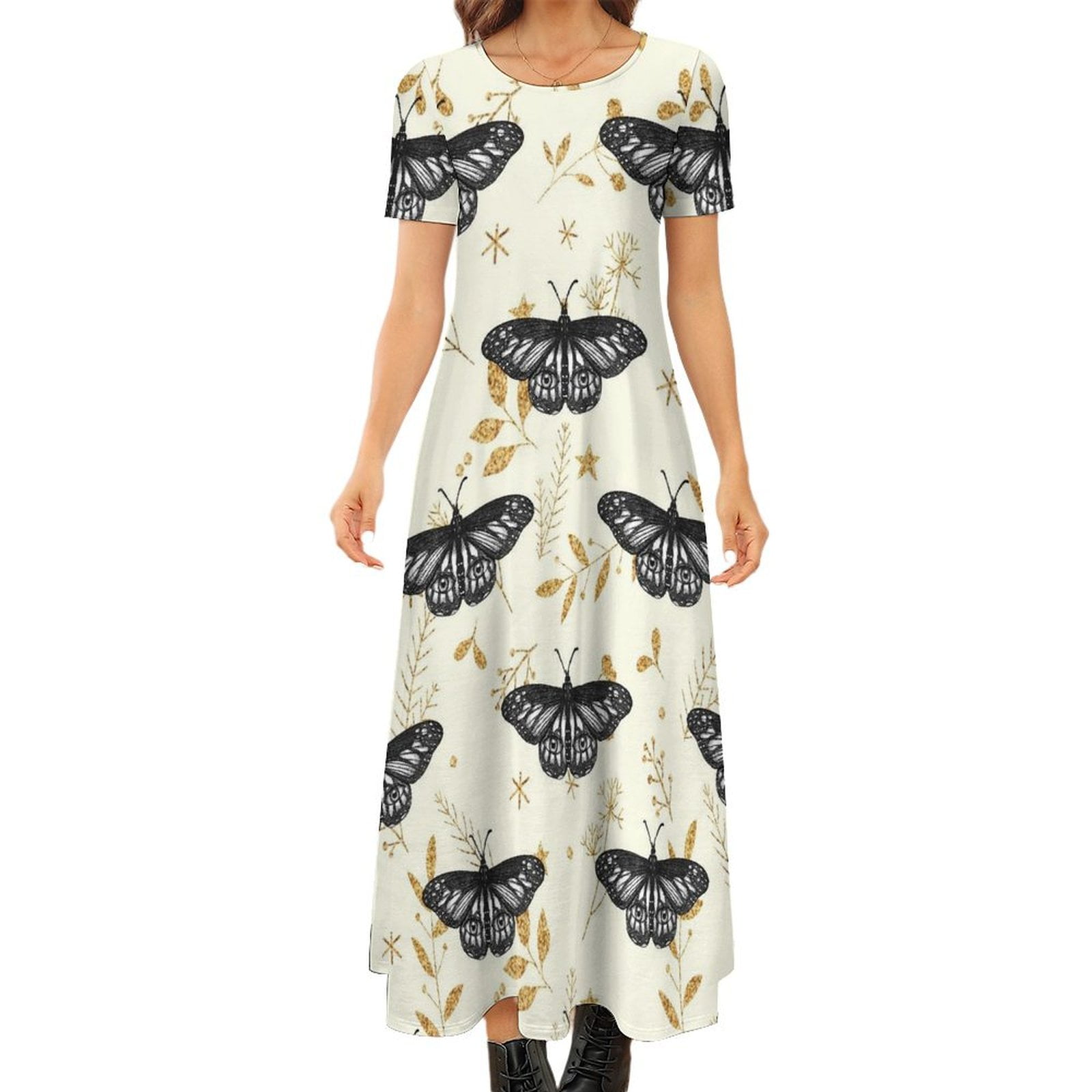 Butterfly Repeat Pattern Maxi Dress for Women Crew Neck Beach Dress ...