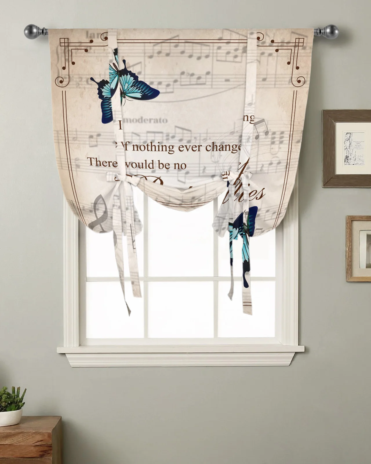 Butterfly Retro Musical Note Vintage Kitchen Short Window Curtain ...