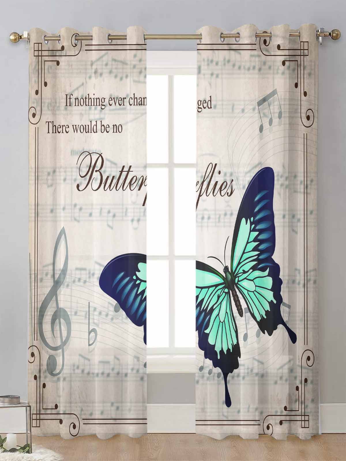 Butterfly Retro Musical Note Vintage Sheer Curtains For Living Room ...