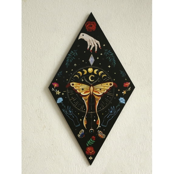 Butterfly Rhomboid Wooden Wall Decor Moon Star Colored Drawing Wall Art ...