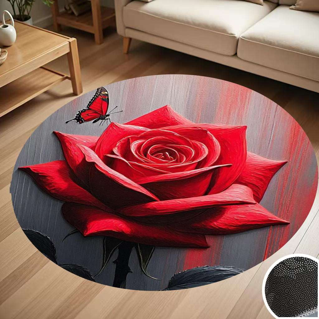 Butterfly Romantic Rose Grey And Red Round Carpet Living Room Bedroom ...