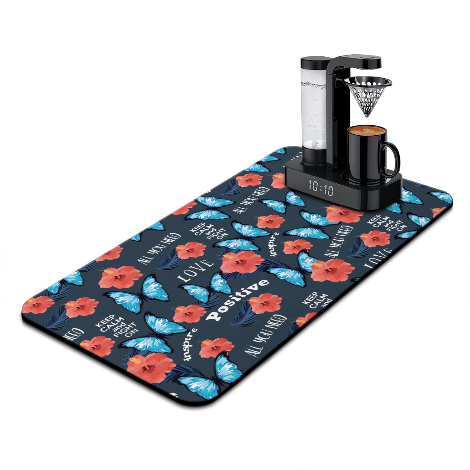 Butterfly Rose Floral Kitchen Mat, Botanical Absorbent Coffee Bar Pad ...
