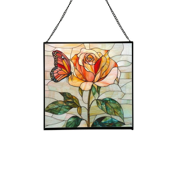 Butterfly and Rose Flower Stained Glass Panels – Square Shaped Window ...
