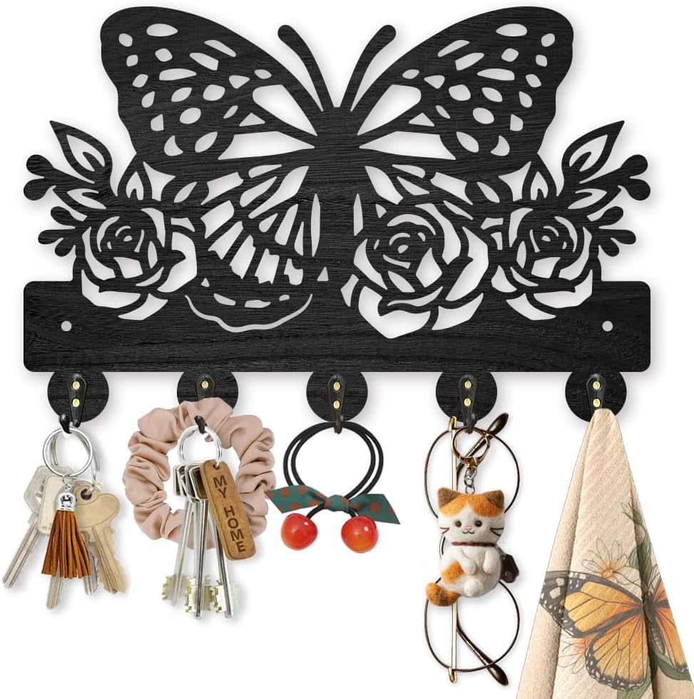 Butterfly Rose Key Hook 11.8×7.8inch Wooden Flower Butterfly Wall ...