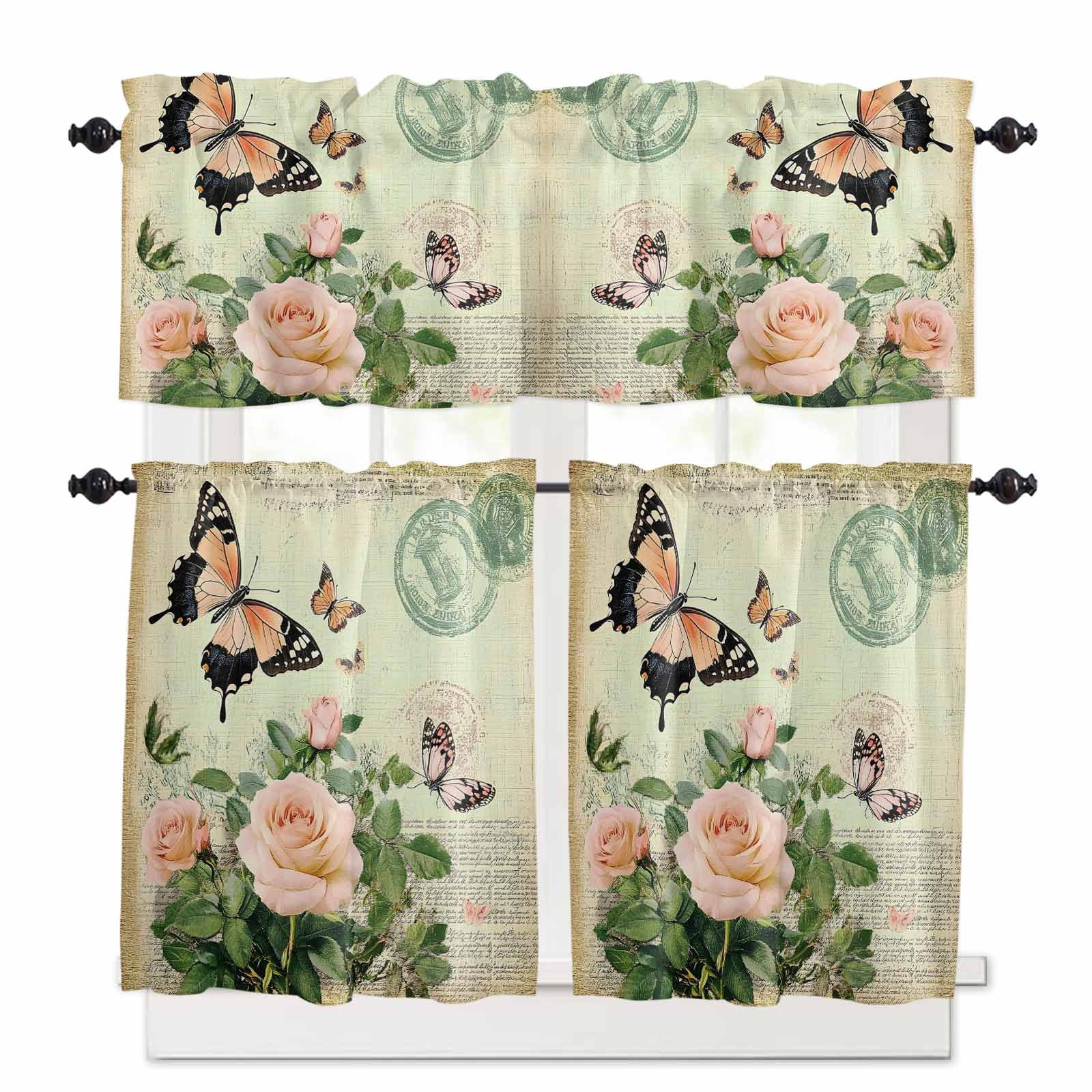 Butterfly Rose Kitchen Curtains Valance and Tier Set Vintage Rod Pocket ...