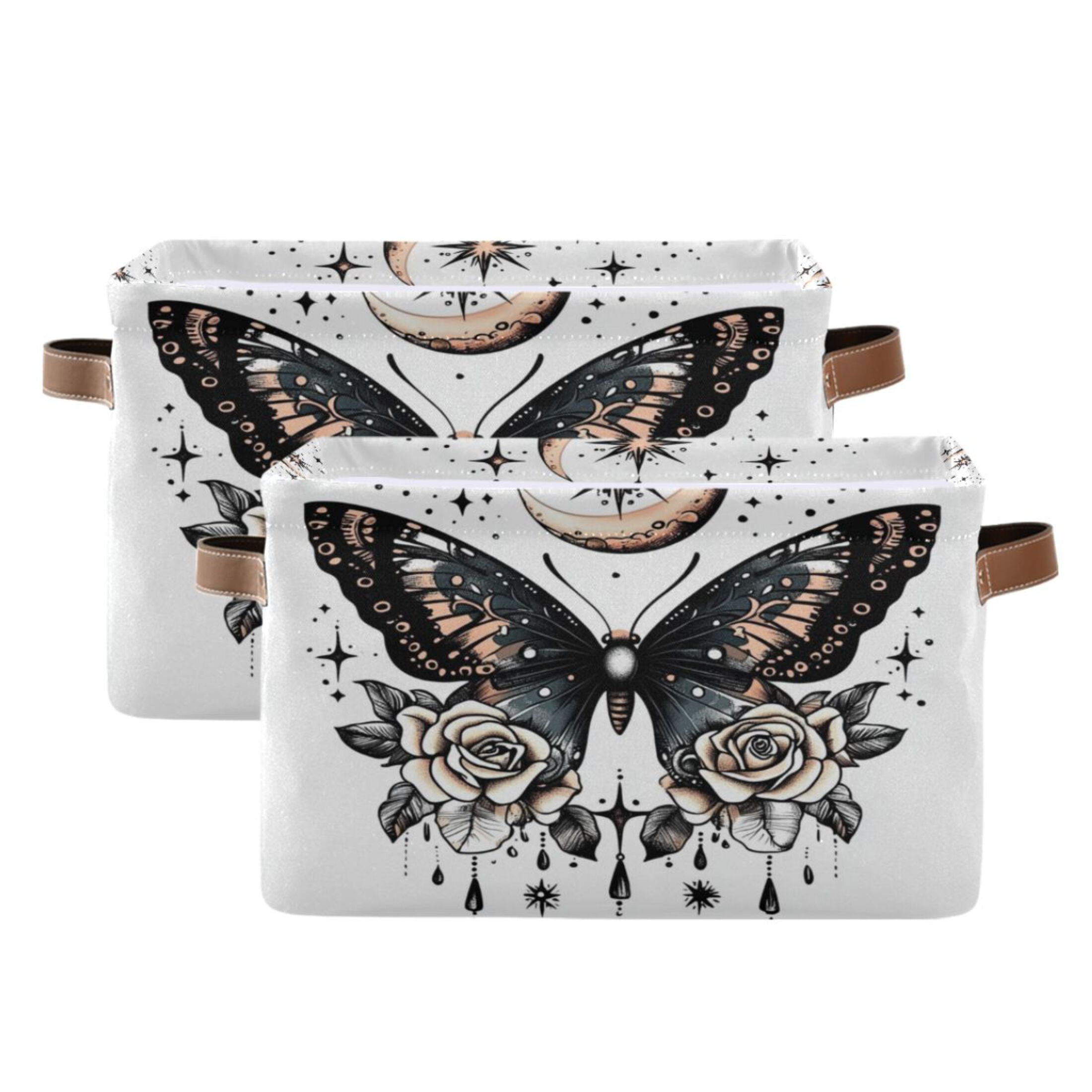 Butterfly with Rose and Moon Foldable Storage Basket,Canvas Fabric ...