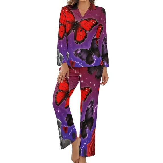 Butterfly Roses Lightning Art Pajamas Woman Vintage Pajamas Set 2 Piece Long-Sleeve Comfortable ...