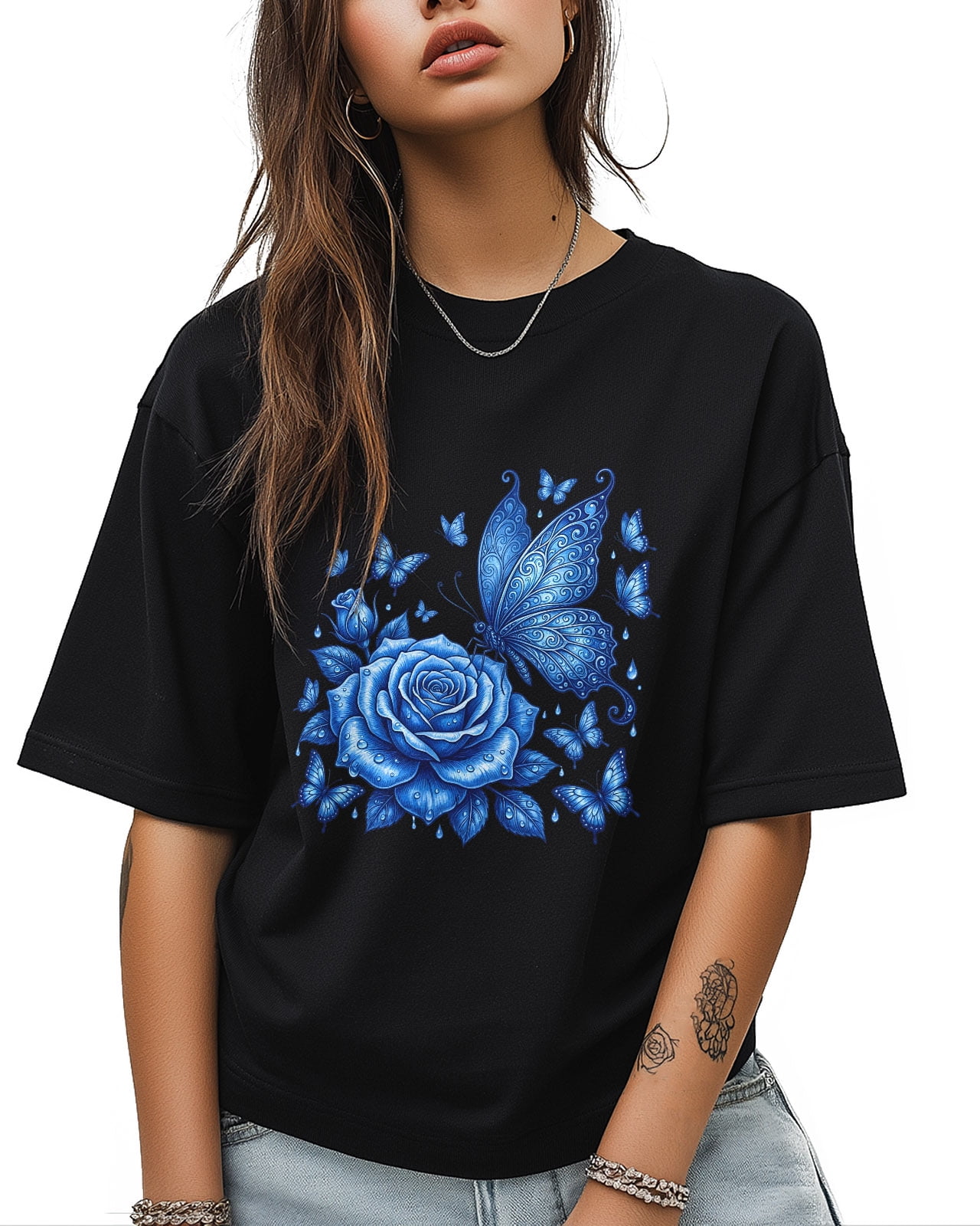 Butterfly Roses T Shirts for Women Short Sleeve Cotton Crewneck T-Shirt ...