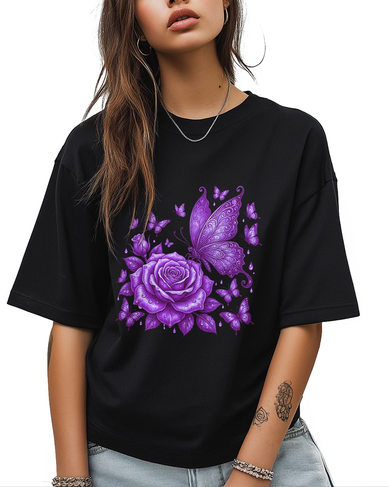 Butterfly Roses T Shirts for Women Short Sleeve Cotton Crewneck T-Shirt ...