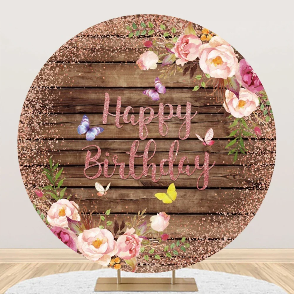 Butterfly Round Backdrop Cover for Photography Pink Flower Princess Girl's Circle Happy Birthday ...