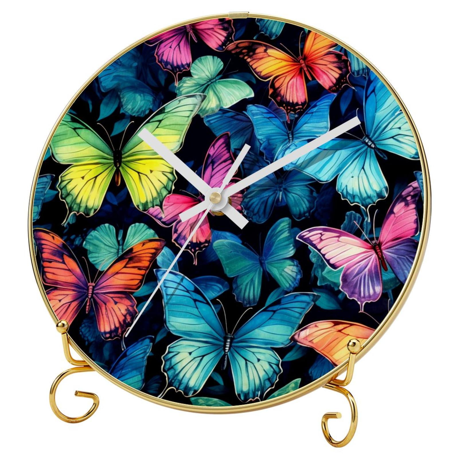 Butterfly Round Printed Wall Clocks with Hooks and Gold Stand - Silent ...