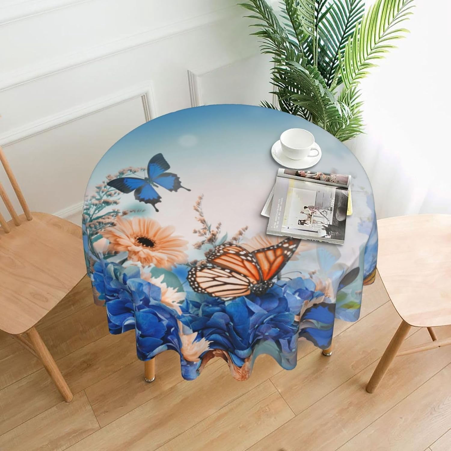 Butterfly Round Tablecloth Spring Blue Flowers Table Cover Stain Resistance Water Repellent ...