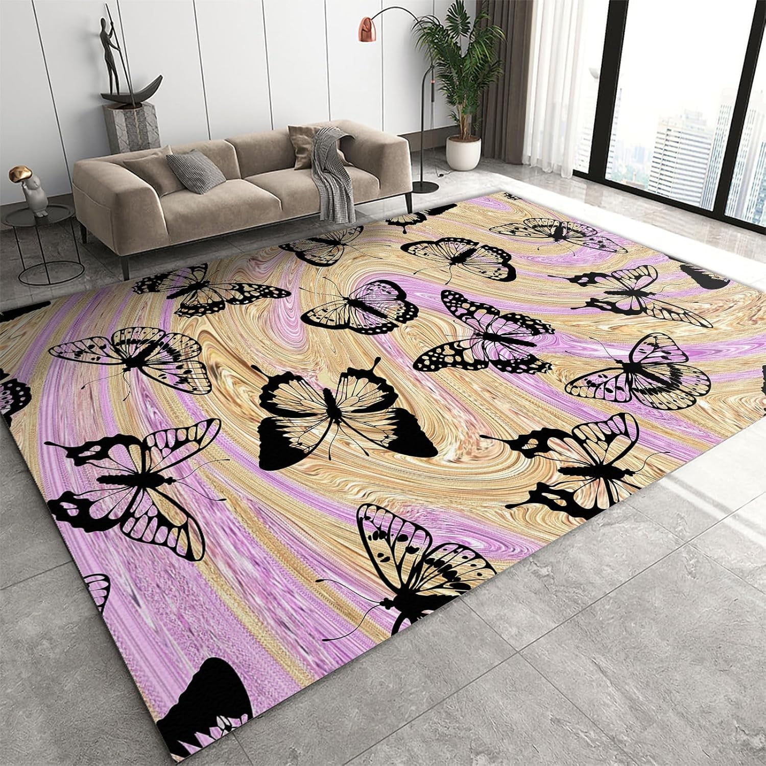 Butterfly Rugs, Black Stripes Butterfly Pattern Print on Purple Yellow ...