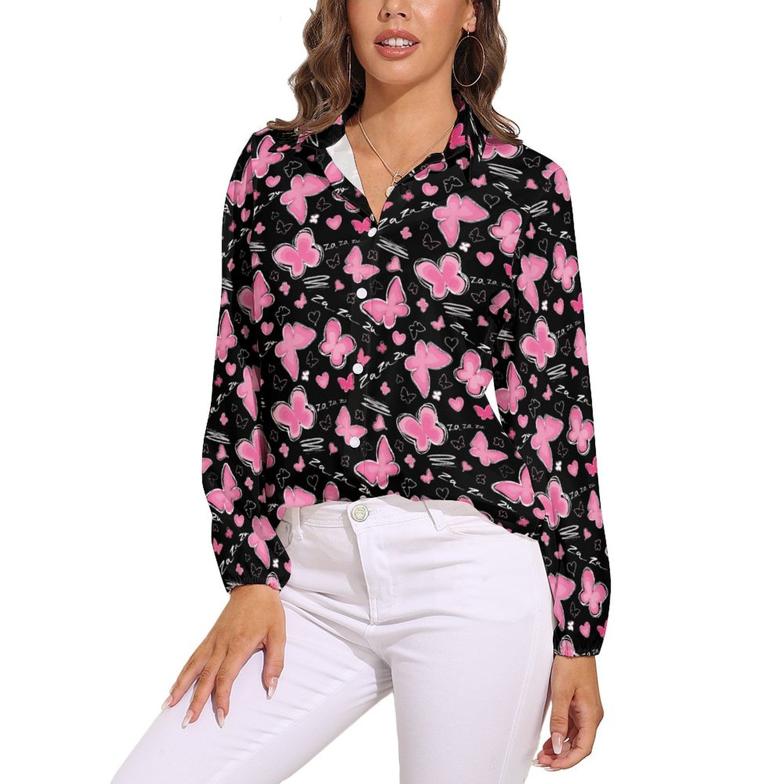 Butterfly Seamless Black Pattern Long Sleeve Blouse Woman Streetwear ...