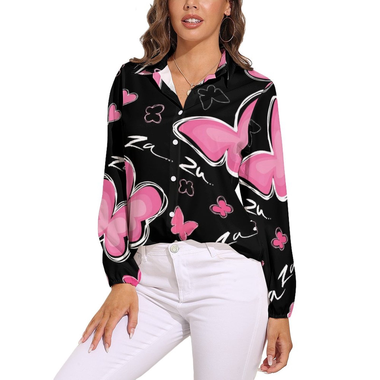 Butterfly Seamless Black Pattern Vntage Casual Long Sleeve Shirt Blouse ...
