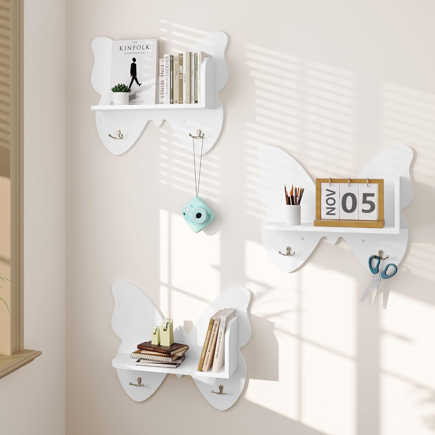 Butterfly Shaped 3 Tier Wall Shelves with Hooks, Small Floating Shelves ...