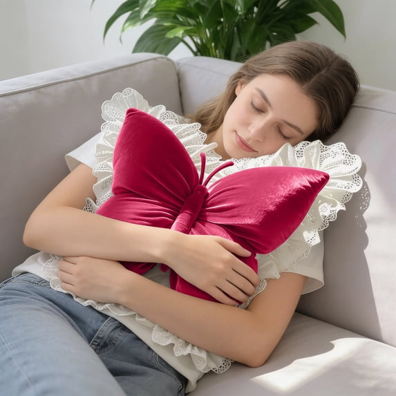 Butterfly Shaped Velvet Throw Pillow with Lace Trim, Soft Filled ...