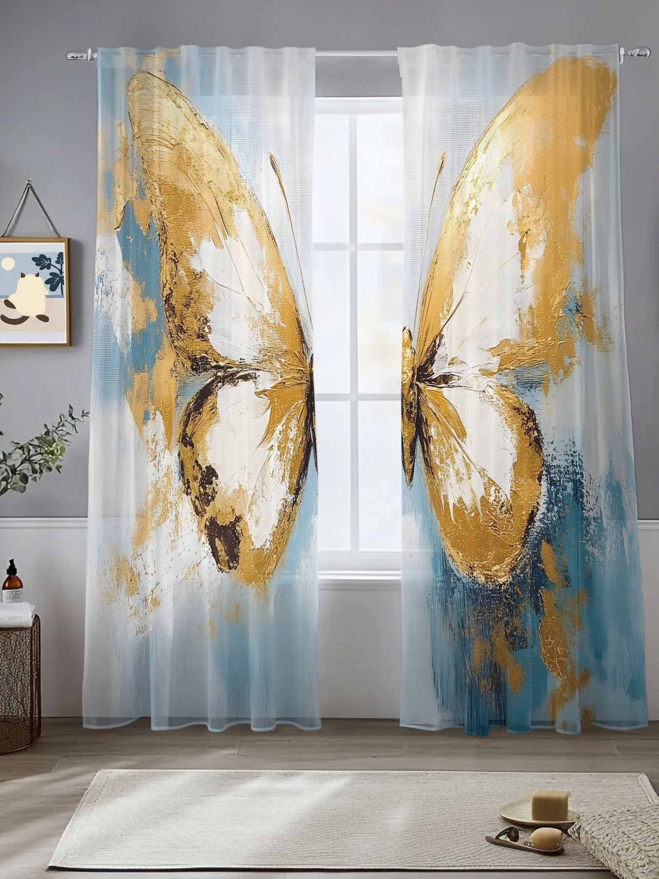 Butterfly Sheer Curtains 84 Inches Long 2 Panels Abstract Oil Painting ...