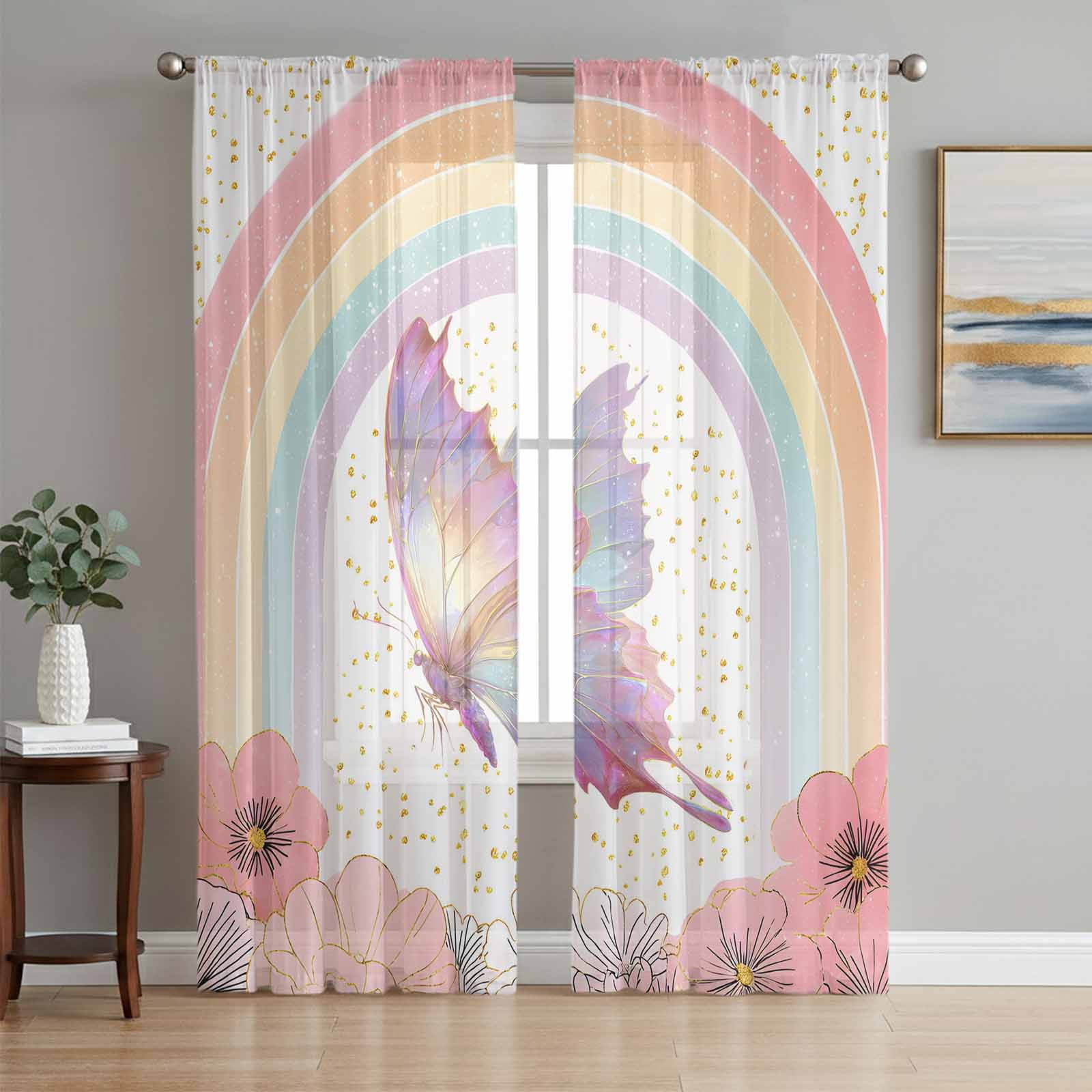 Butterfly Sheer Curtains for Living Room Bedroom, Spring Pink Flower ...