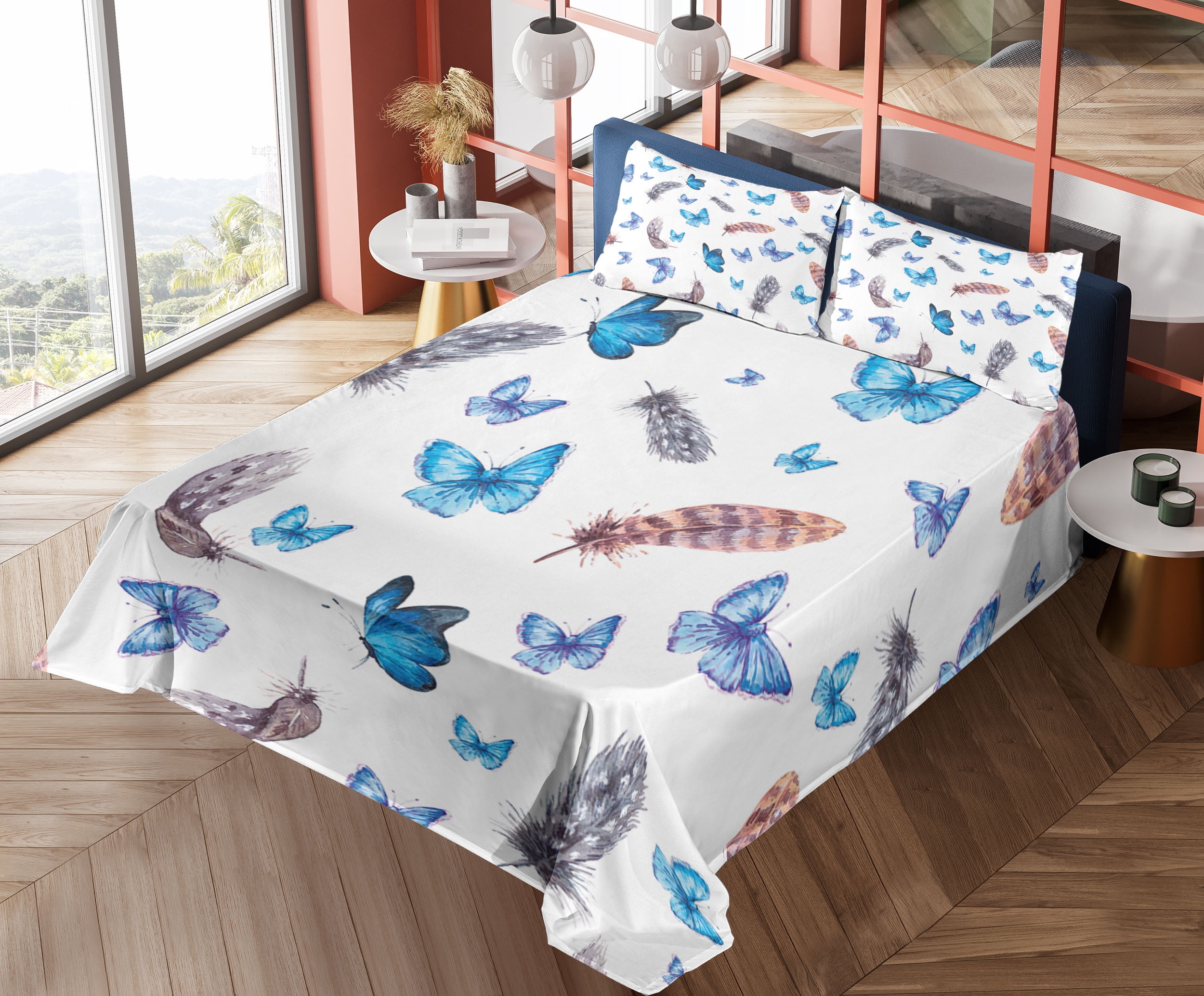 Ambesonne Vintage Fitted & Top Sheet Set with Shams, Feathers and ...