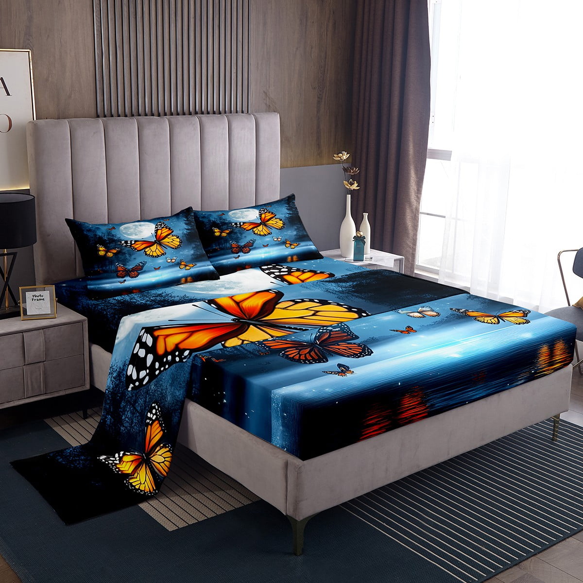 Butterfly Sheet Set for Girls Kids Blue Galaxy Bed Sheets Set Twin Size ...