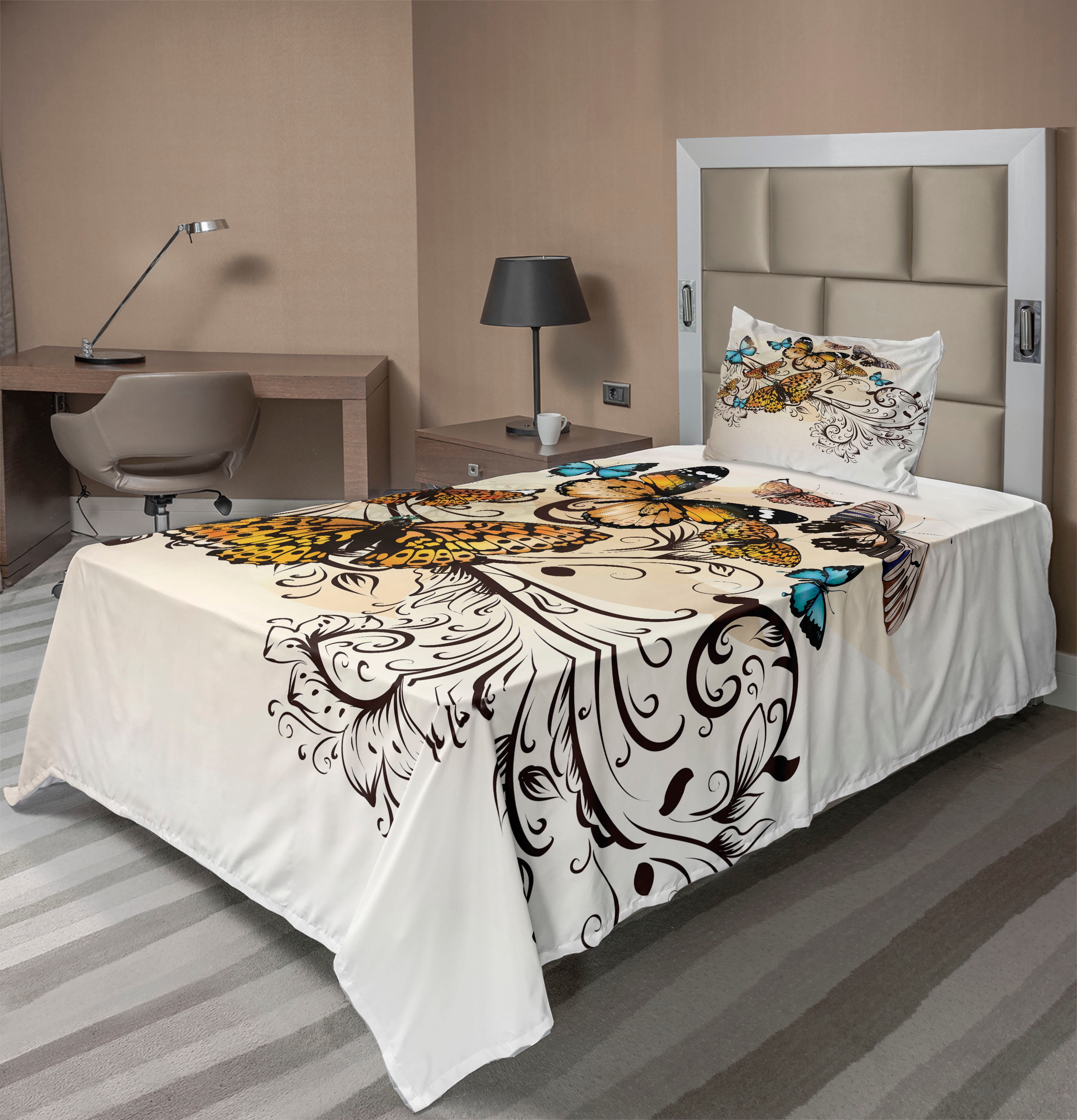 Butterfly Sheet Set, Monarch Butterflies Vintage Damask Inspired Design ...