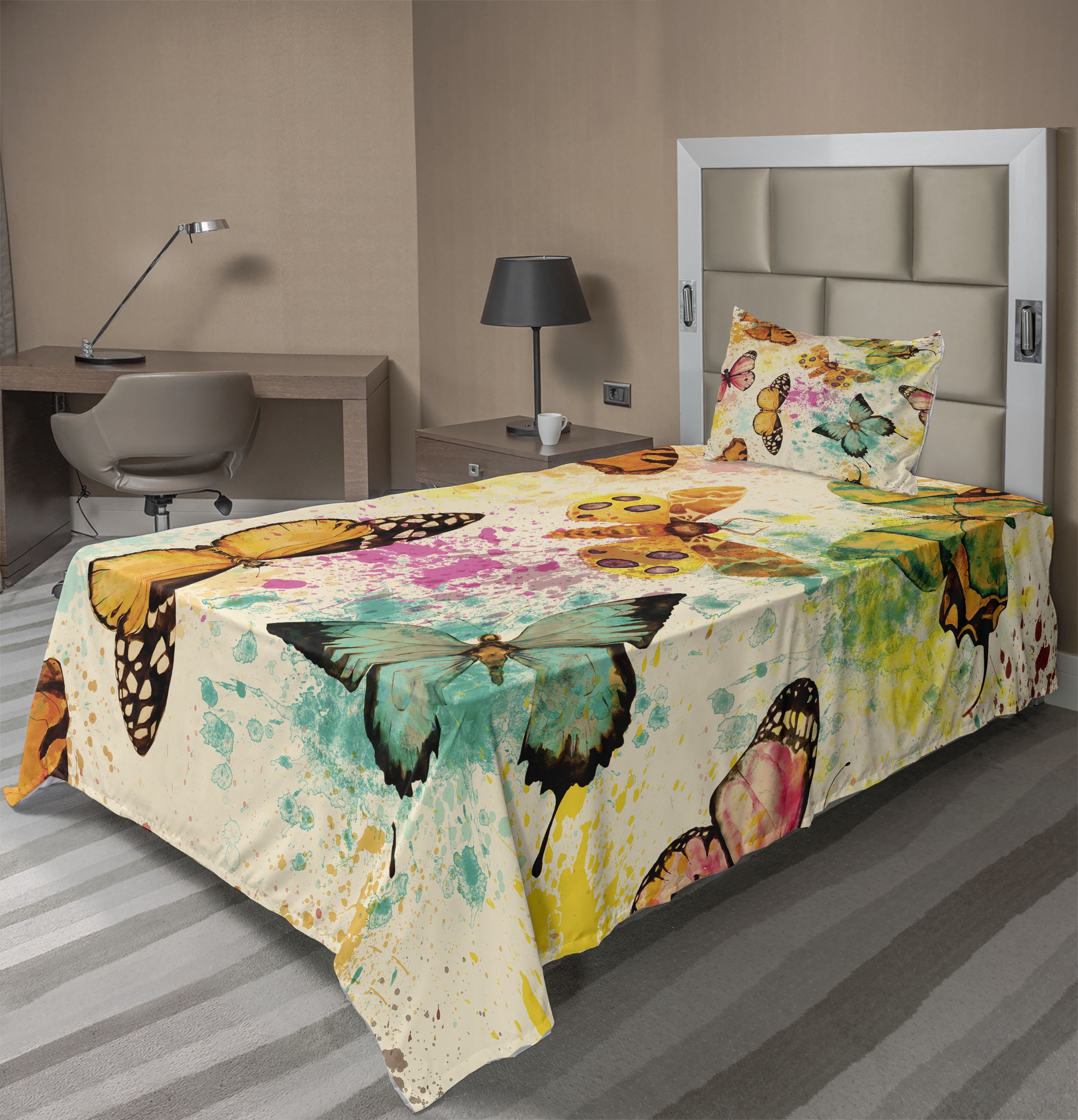 Butterfly Sheet Set, Watercolor Murky Grungy Butterflies Color Splashes ...