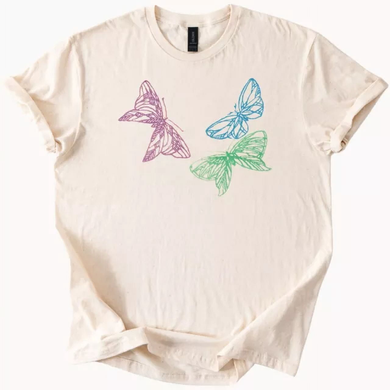 Butterfly Shirt Unisex Trio Line Art Graphic Tee Shirt Beige Ivory Art ...
