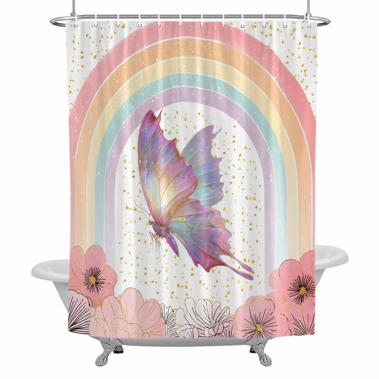 Butterfly Shower Curtain for Bathroom, Spring Pink Flower Love Rainbow ...