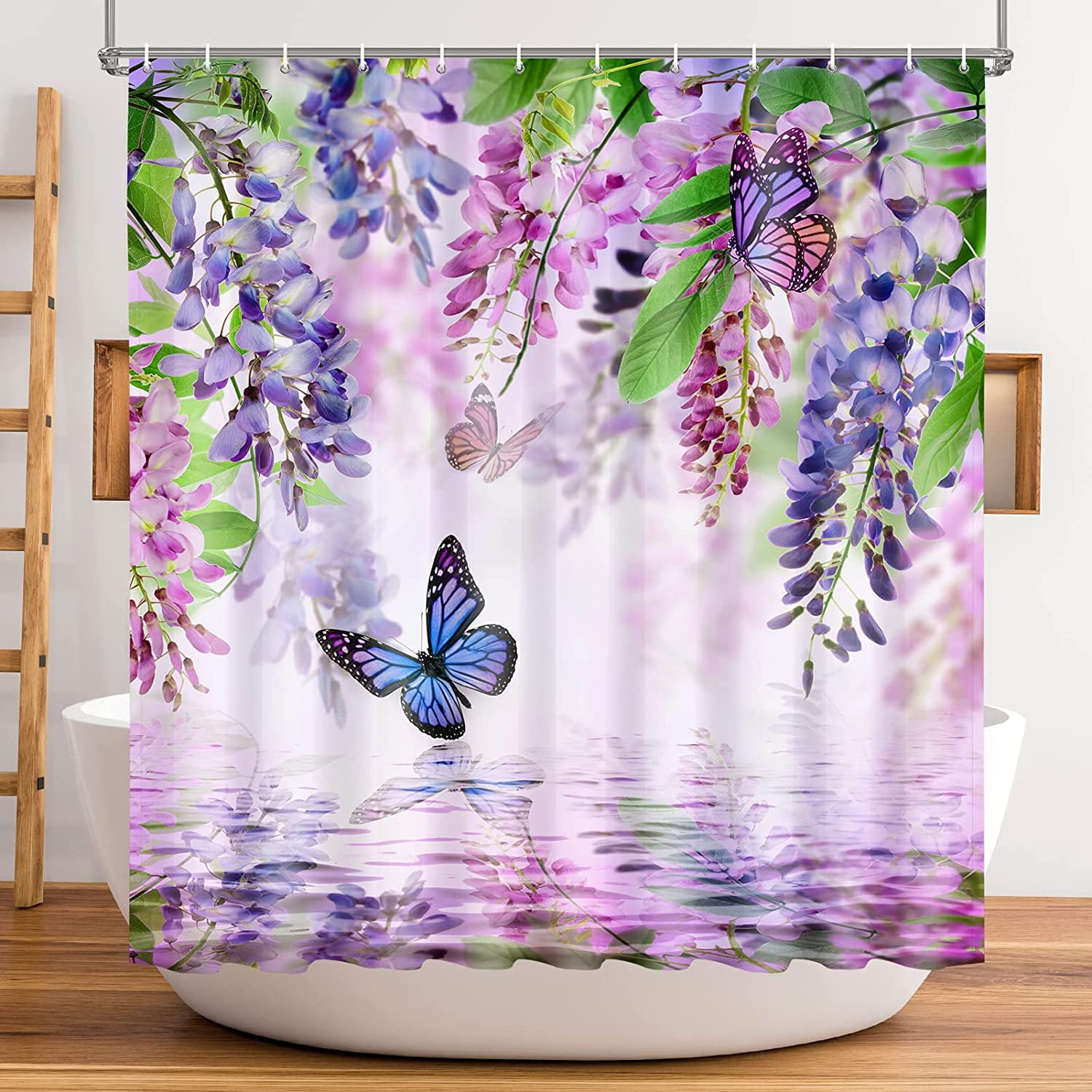 Butterfly Shower Curtain,Purple Floral Flower Shower Curtains Sets for ...
